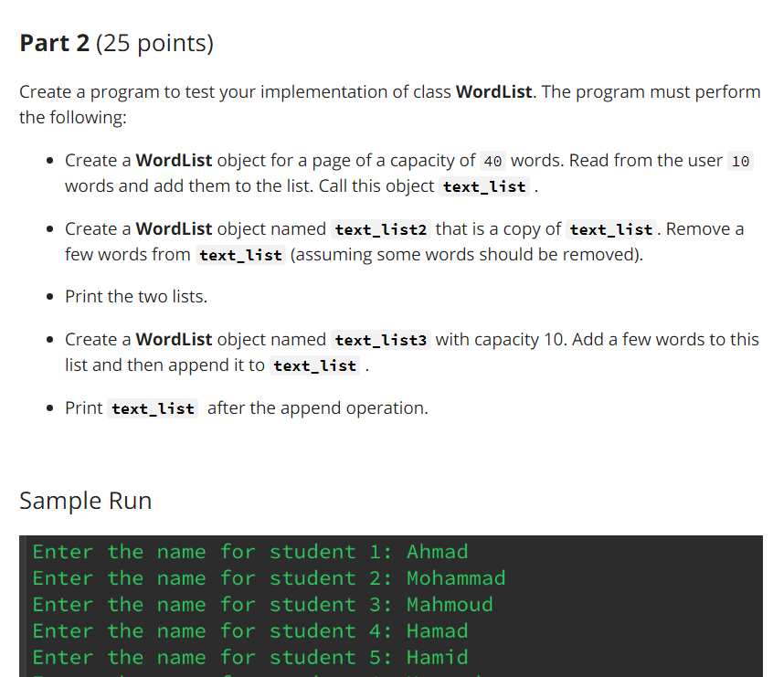 Solved A WordList Class Part 1 (75 points) Create a class | Chegg.com