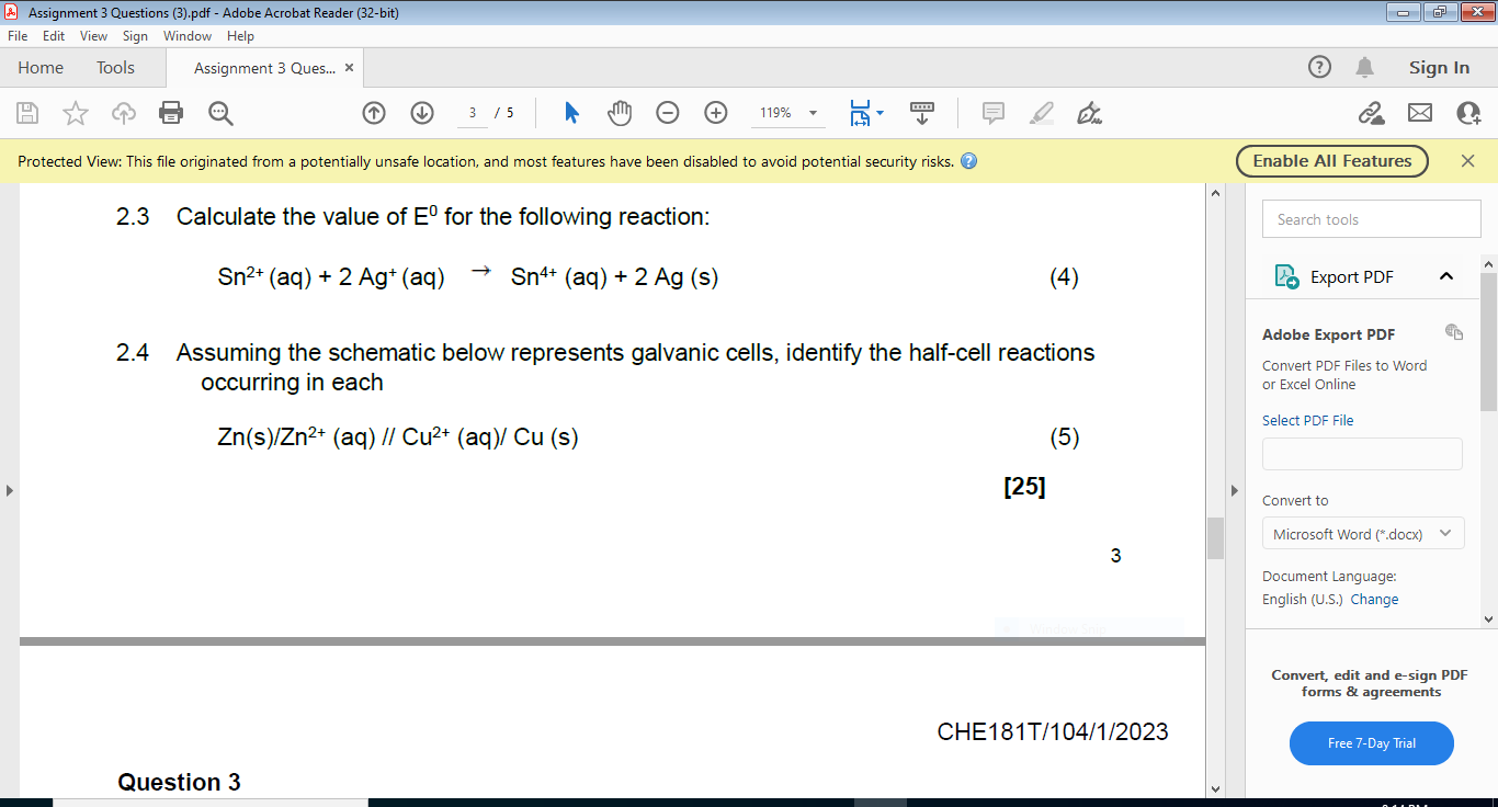 Solved 2.3 Calculate the value of E0 for the following | Chegg.com