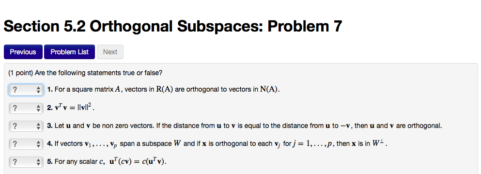 Solved Section 5.2 Orthogonal Subspaces: Problem 7 Previous | Chegg.com