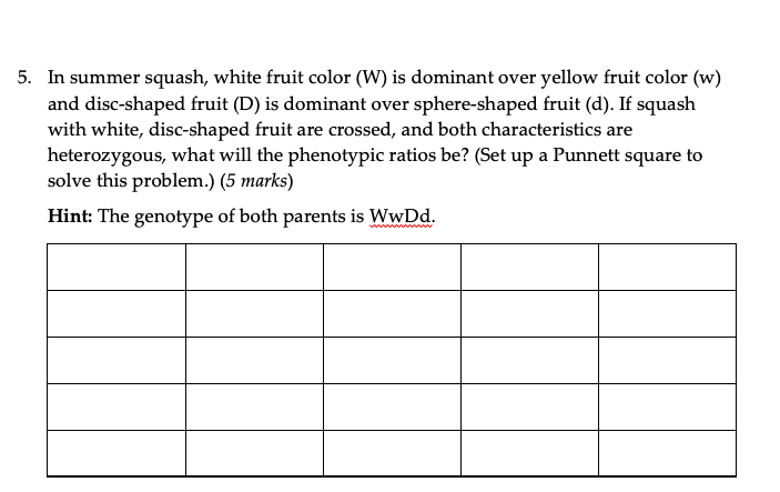 Solved 5. In summer squash, white fruit color (W) is | Chegg.com