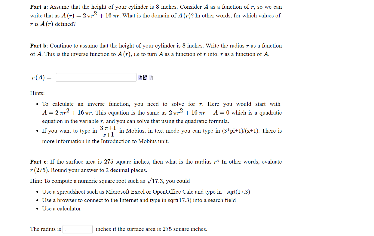 Solved Part a: Assume that the height of your cylinder is 8 | Chegg.com