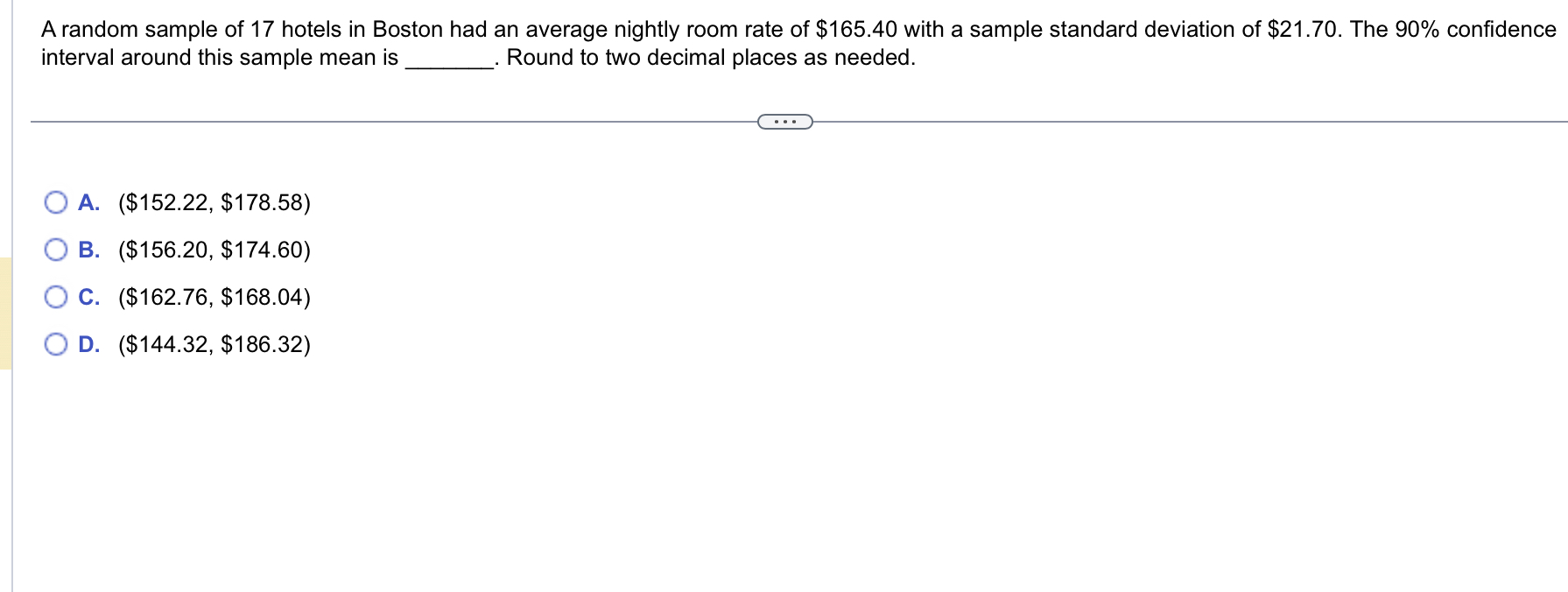 Solved A random sample of 17 hotels in Boston had an average | Chegg.com