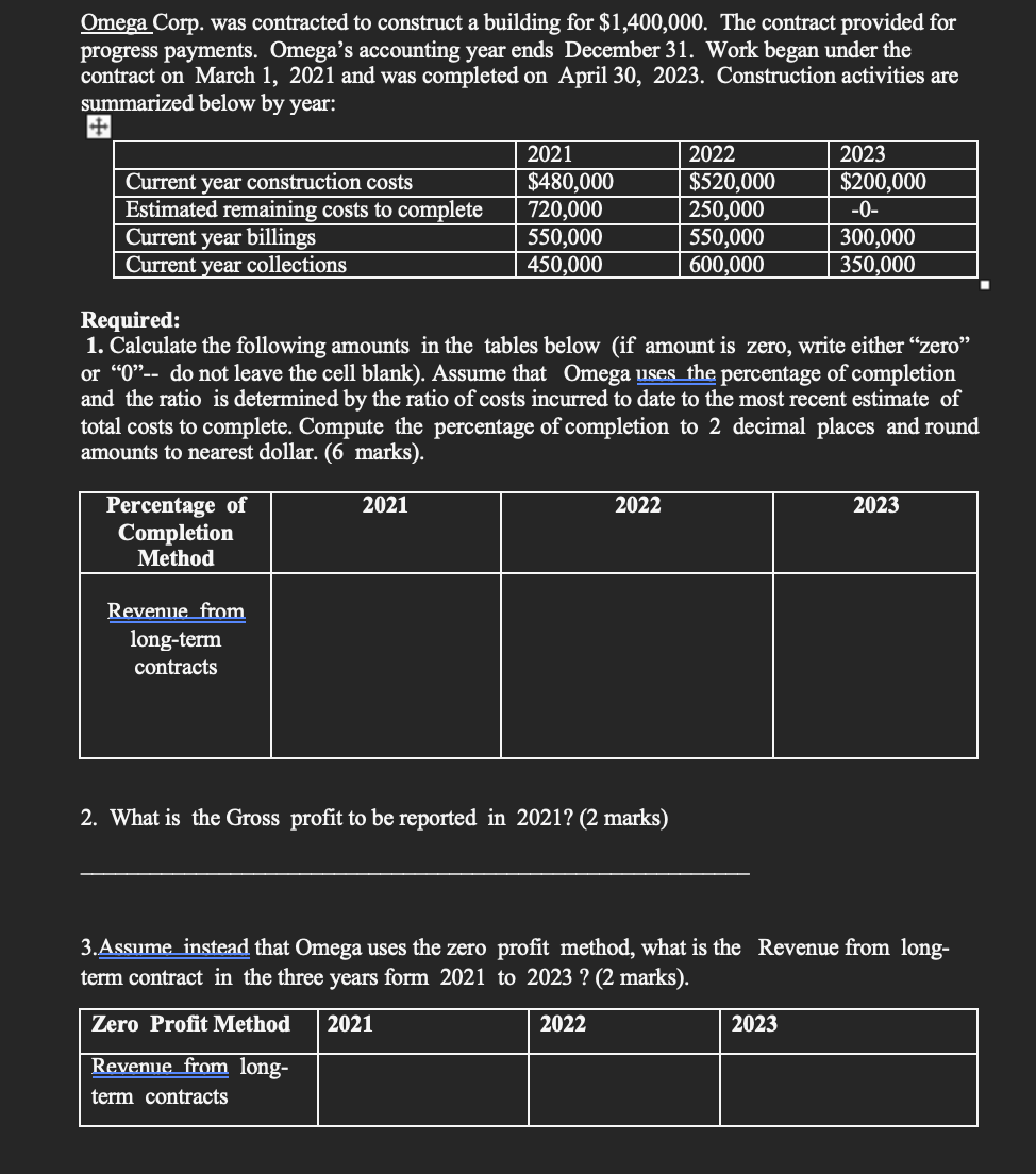 Solved Omega Corp. was contracted to construct a building | Chegg.com
