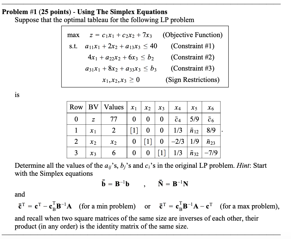 Solved Problem \#1 (25 points) - Using The Simplex Equations | Chegg.com
