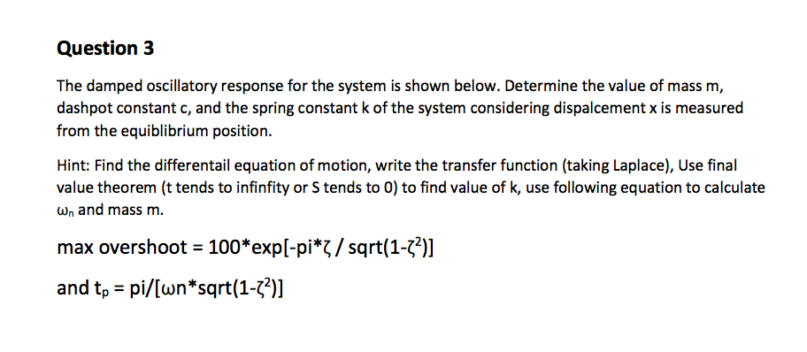 Solved Question 3 The damped oscillatory response for the | Chegg.com