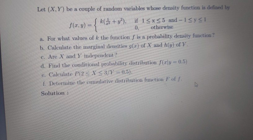 Solved Let (X,Y) be a couple of random variables whose | Chegg.com