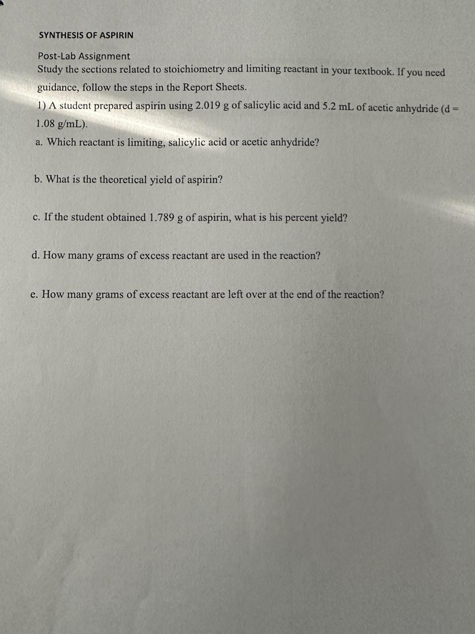 Solved SYNTHESIS OF ASPIRIN Post-Lab Assignment Study the | Chegg.com