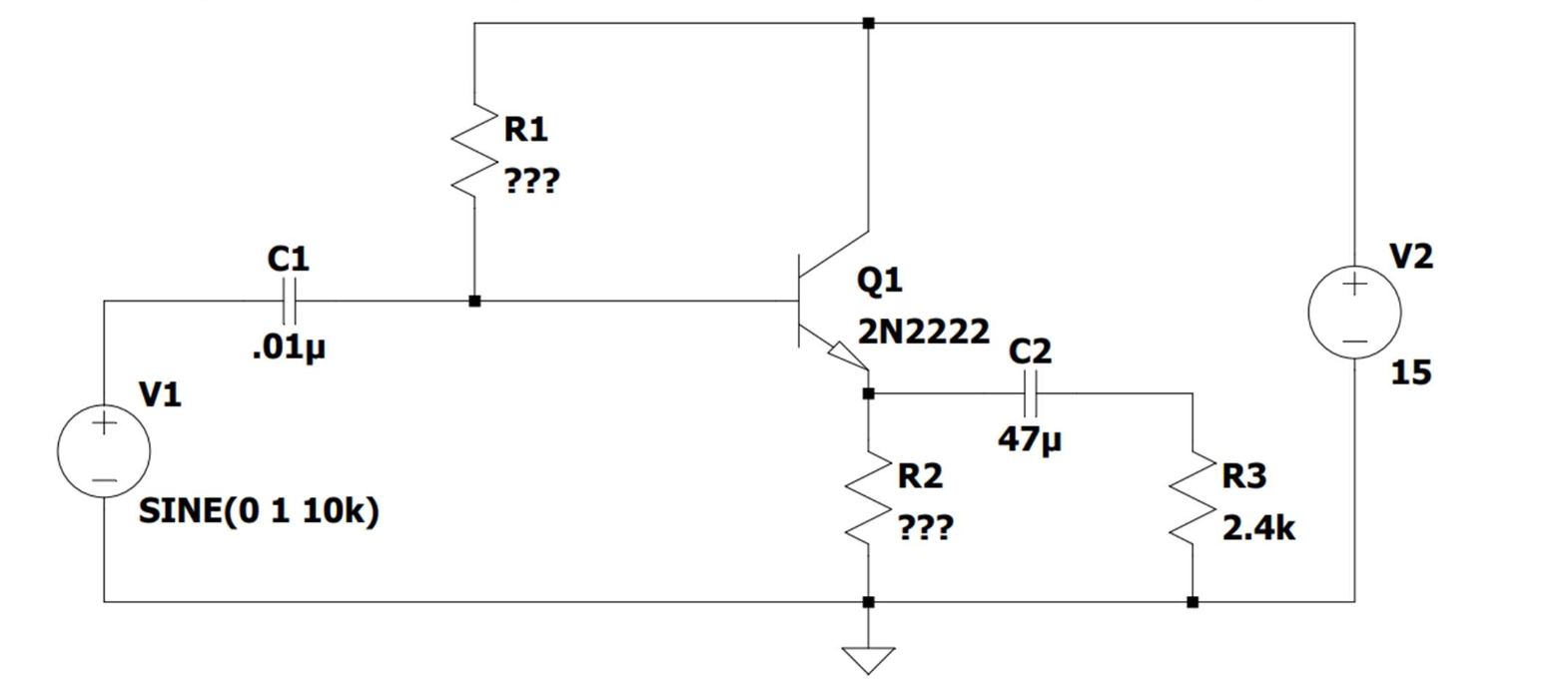 R1 ??? C1 V2 + Q1 2N2222 C2 .01g 15 V1 47 SINE(O 1 | Chegg.com