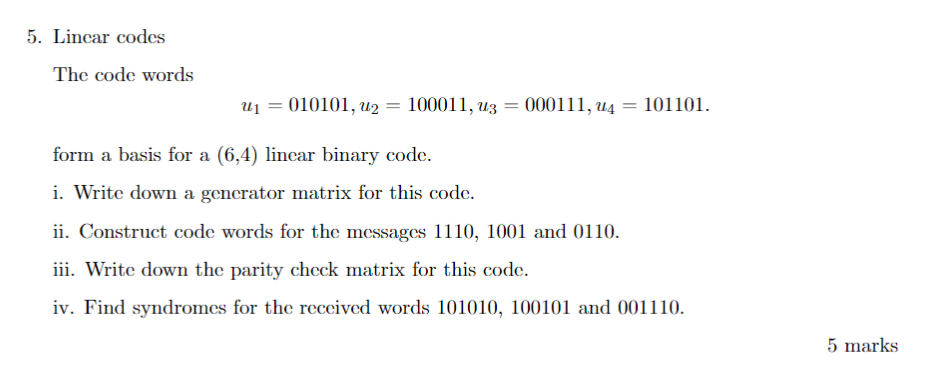 Solved 5. Linear codes The code words | Chegg.com
