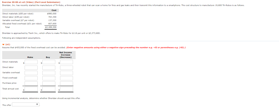 Solved Exercise 20-06 a1-a2 (Video) (Part Level Submission) | Chegg.com