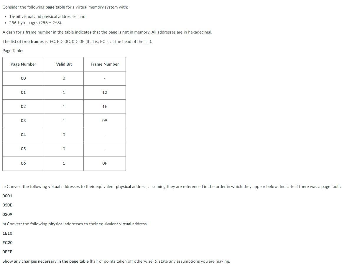 Consider the following page table for a virtual | Chegg.com
