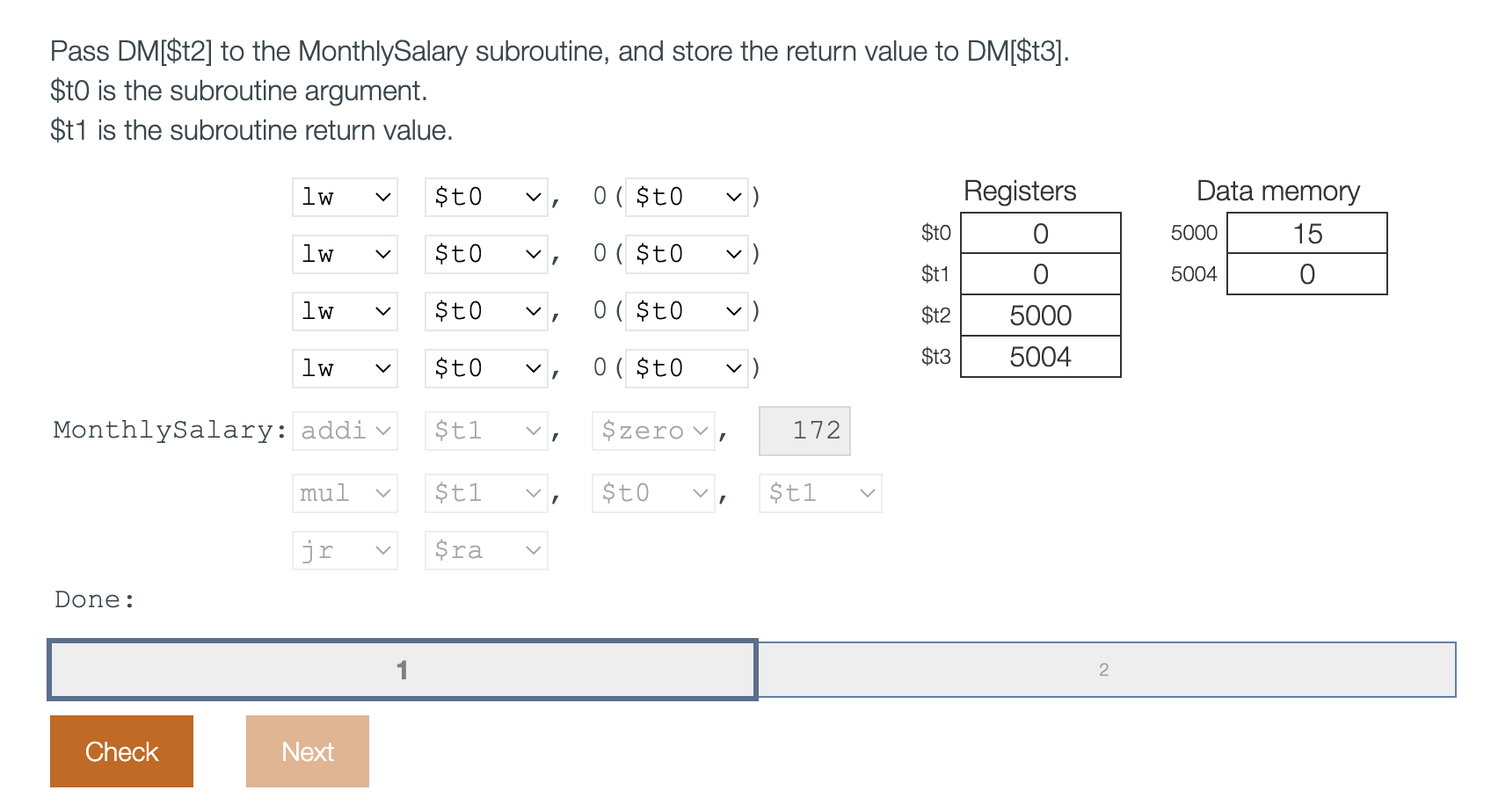 Solved Pass DM($t2] to the MonthlySalary subroutine, and | Chegg.com