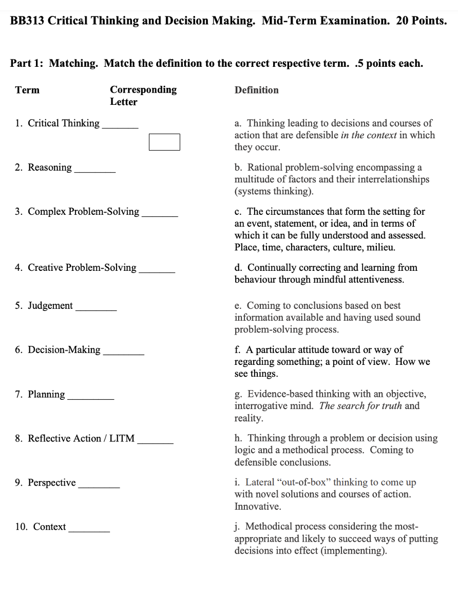 Solved BB313 Critical Thinking and Decision Making. Mid-Term | Chegg.com