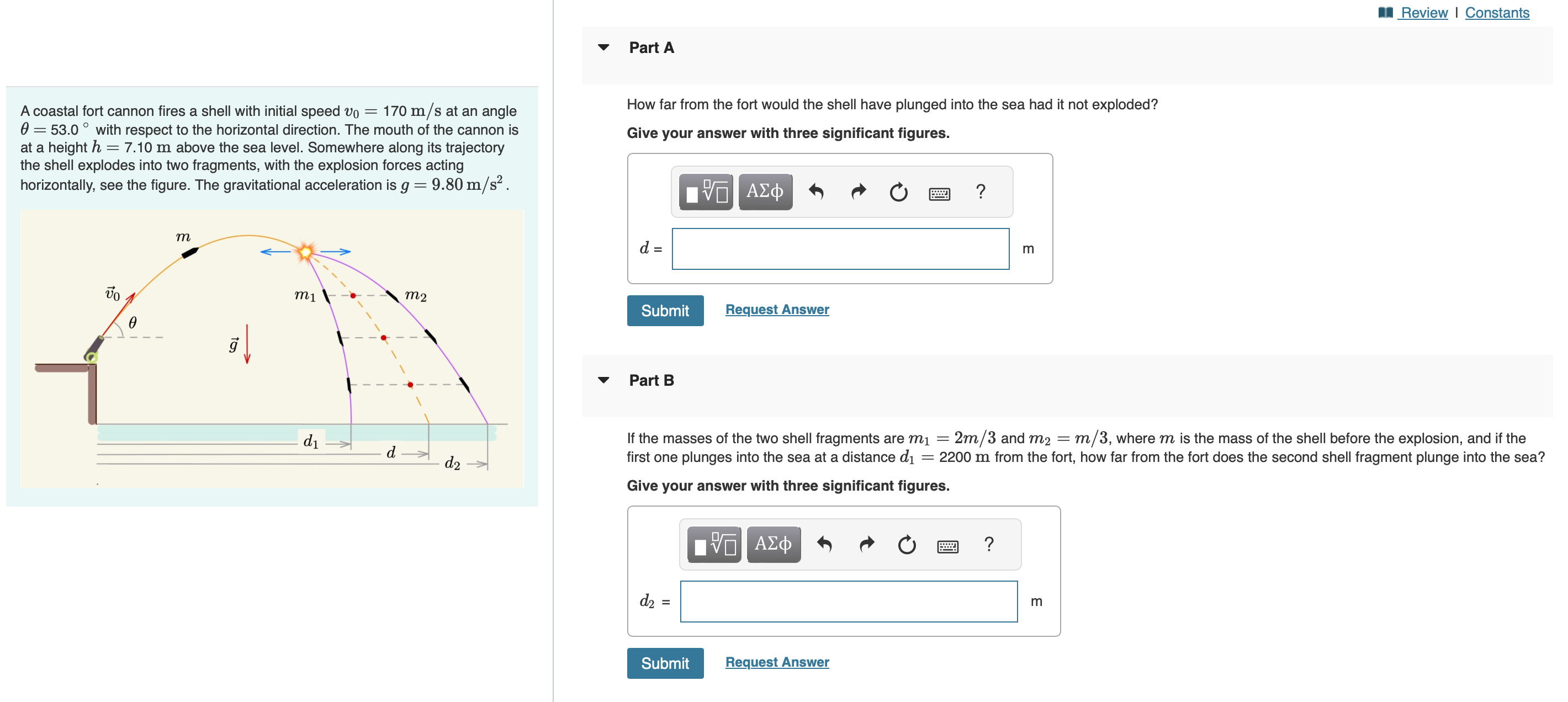 Solved A coastal fort cannon fires a shell with initial | Chegg.com