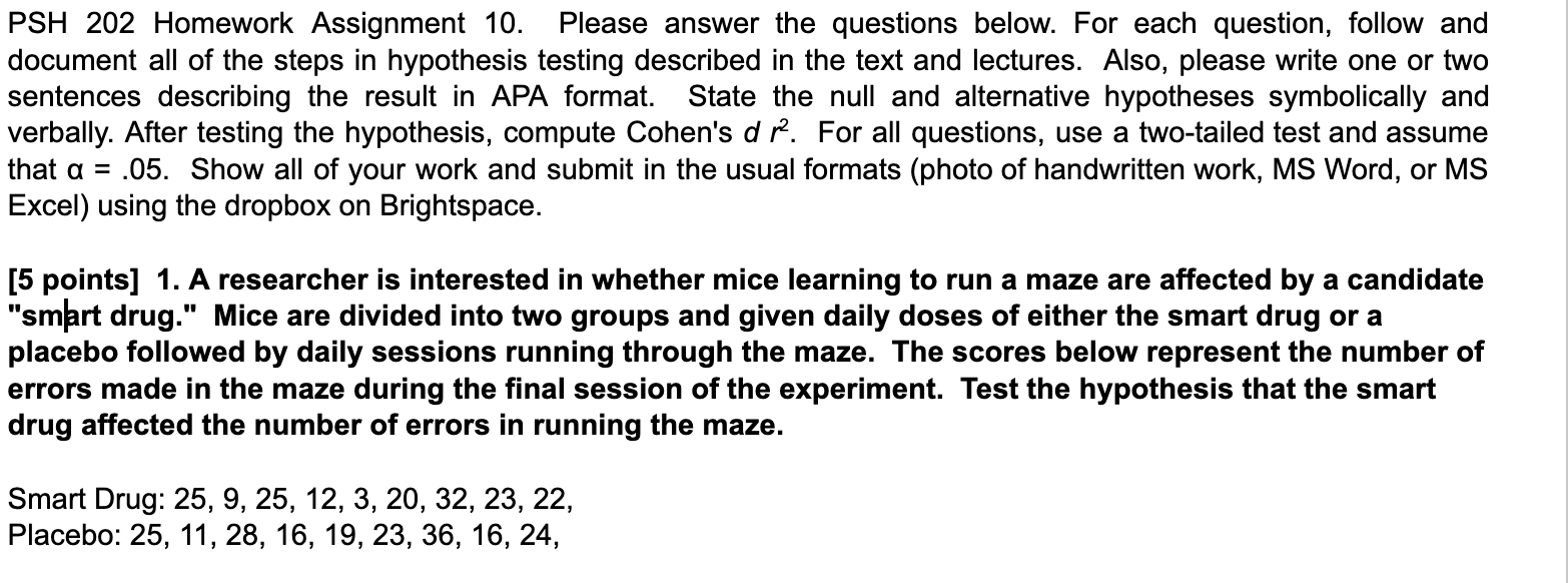 PSH 202 Homework Assignment 10. Please answer the | Chegg.com
