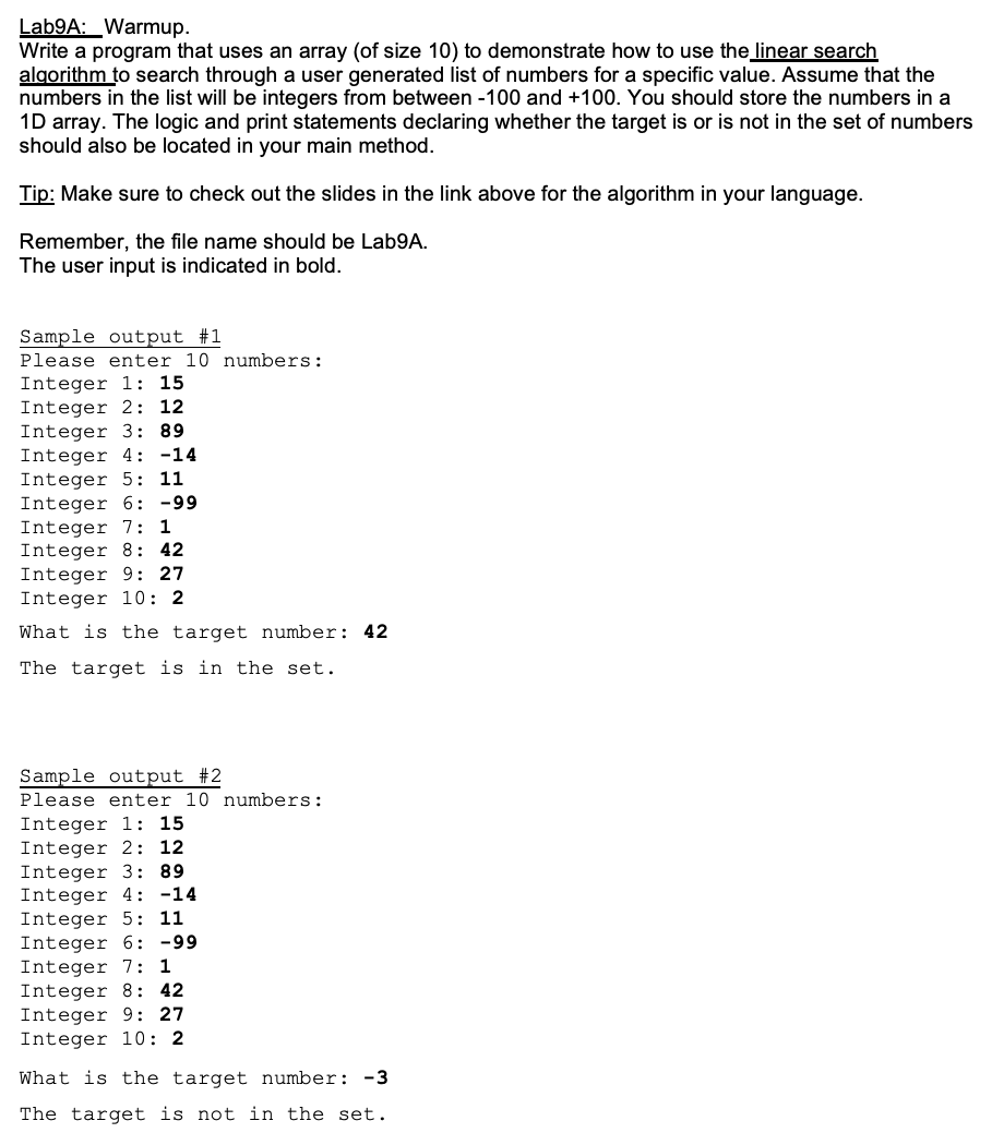 Solved Lab9A: Warmup. Write a program that uses an array (of | Chegg.com
