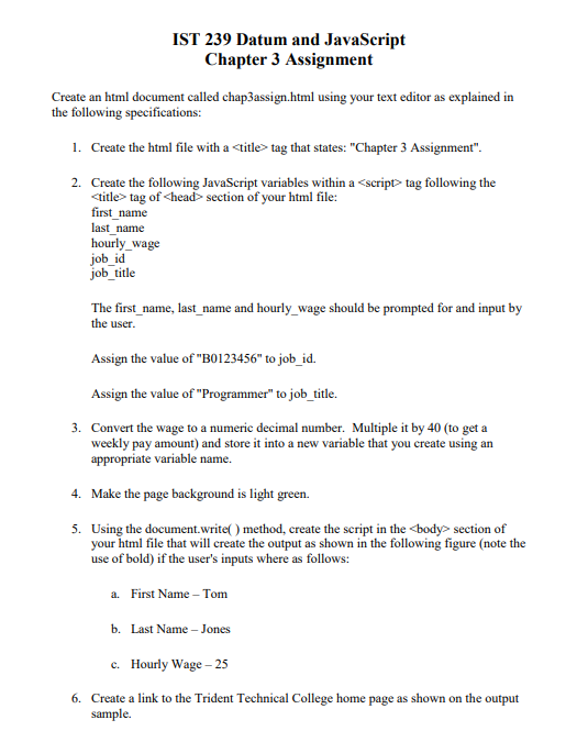 Solved IST 239 Datum and JavaScript Chapter 3 Assignment | Chegg.com