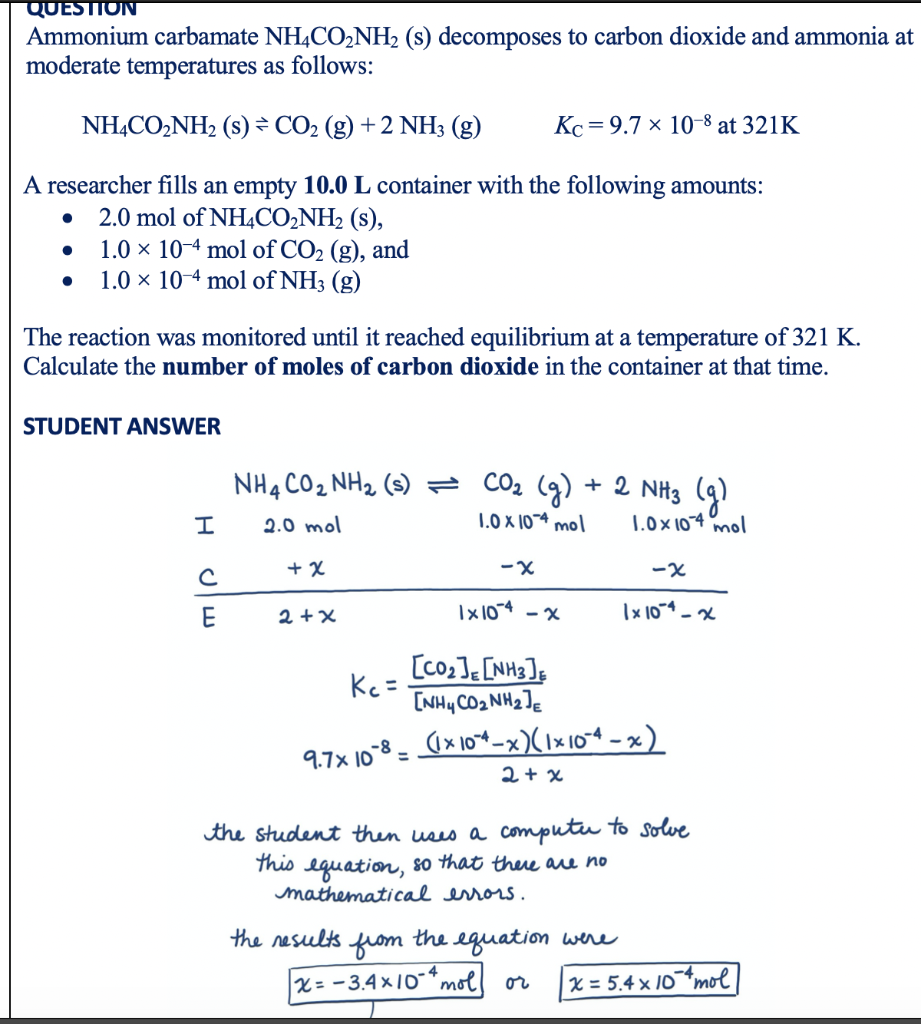 Solved QUESTION Ammonium carbamate NH4CO2NH2 (s) decomposes | Chegg.com