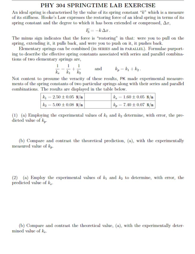 Solved PHY 304 SPRINGTIME LAB EXERCISE An ideal spring is | Chegg.com