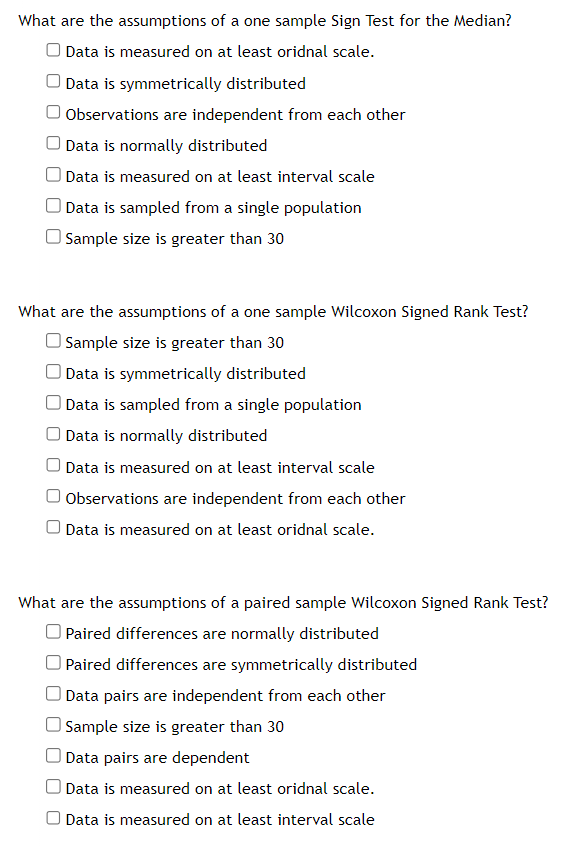 Solved What are the assumptions of a one sample Sign Test | Chegg.com
