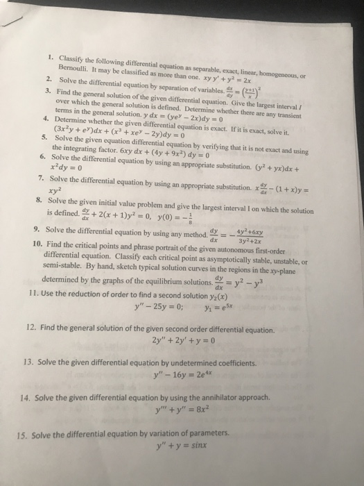 Solved 1. Classify the following differential equation as | Chegg.com
