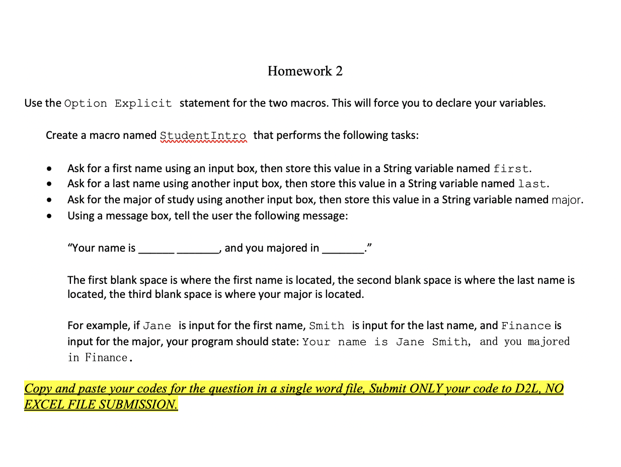 Solved Homework 2 Use the Option Explicit statement for the | Chegg.com