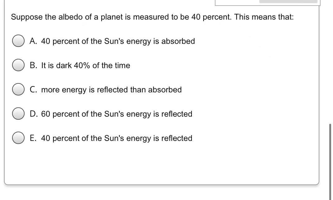 Solved Suppose the albedo of a planet is measured to be 40 | Chegg.com