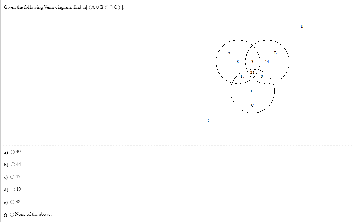 Solved Given the following Venn diagram, find n[ AU(BNC)). U | Chegg.com