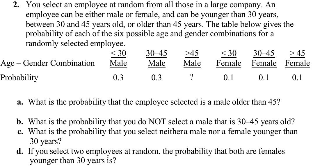 Solved 2. You select an employee at random from all those in | Chegg.com