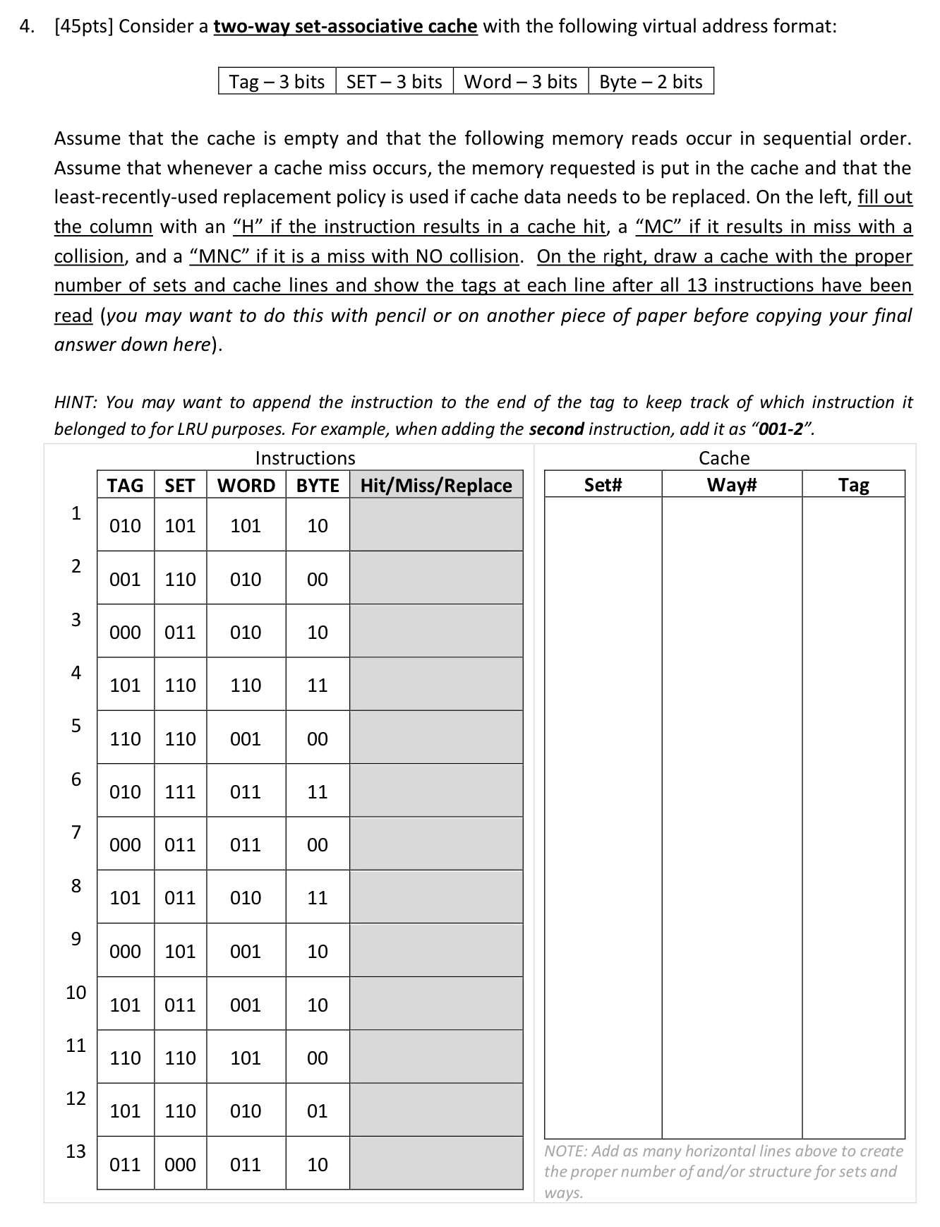Solved [45pts] ﻿Consider a two-way set-associative cache | Chegg.com
