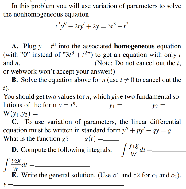 Solved In this problem you will use variation of parameters | Chegg.com