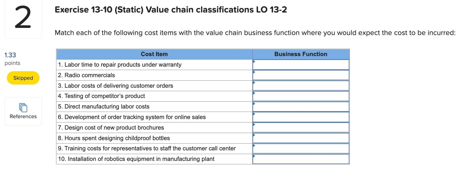 Solved Exercise 13-10 (Static) Value chain classifications | Chegg.com