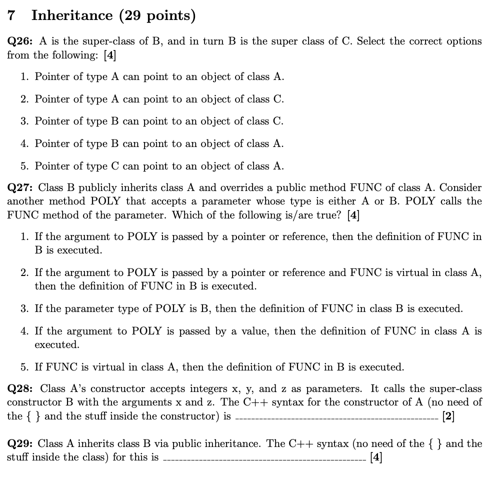 Solved 7 Inheritance (29 points) Q26: A is the super-class | Chegg.com