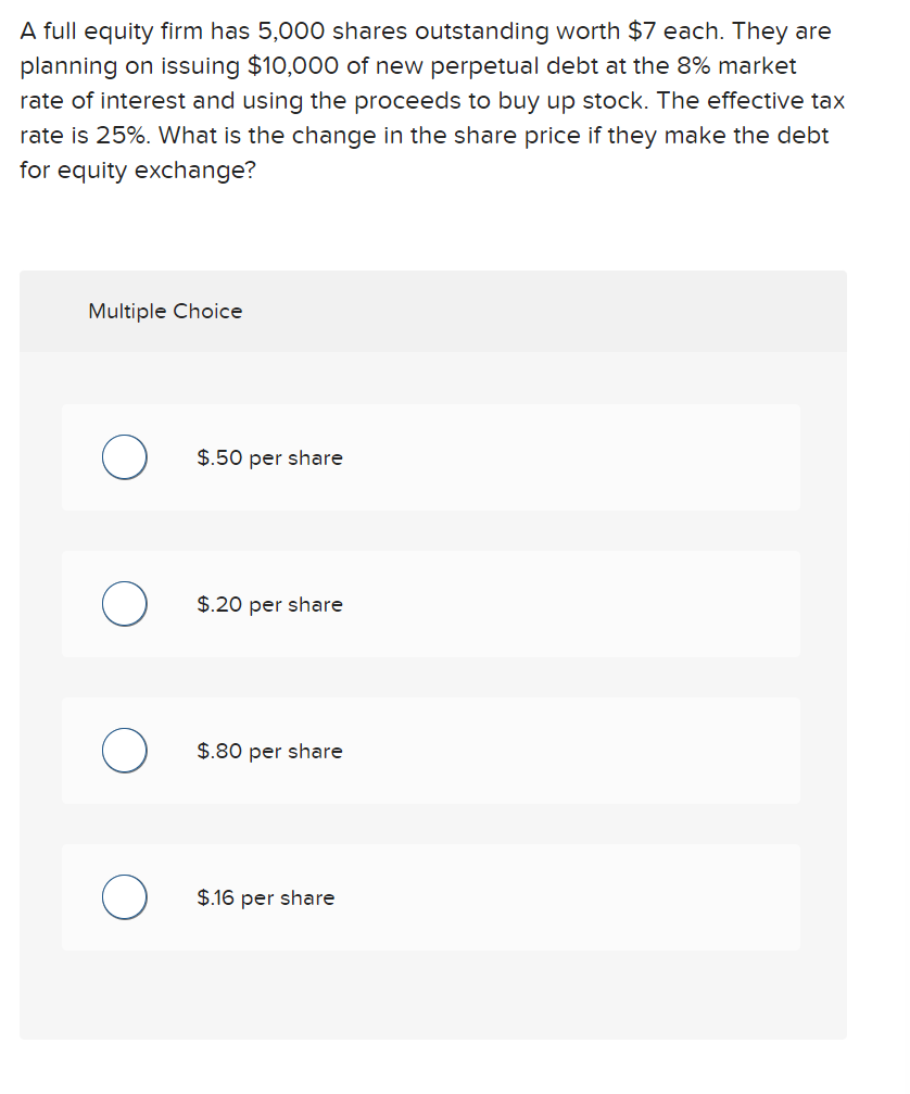 Solved A full equity firm has 5,000 shares outstanding worth | Chegg.com