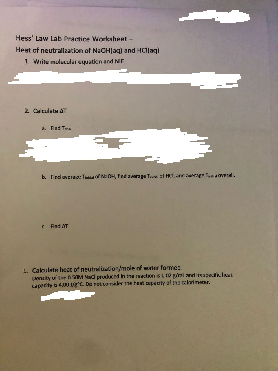 Hess' Law Lab Practice Worksheet - Heat of | Chegg.com