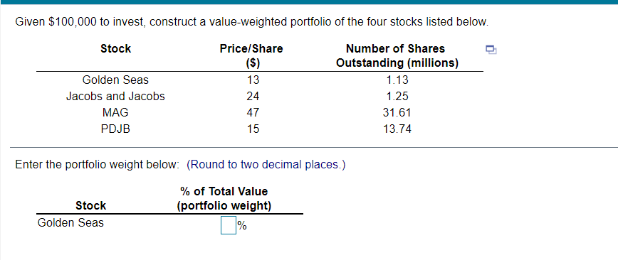 Solved Please help find the total portfolio stocks for | Chegg.com