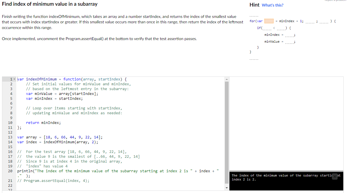 Solved Find index of minimum value in a subarray Hint What's | Chegg.com