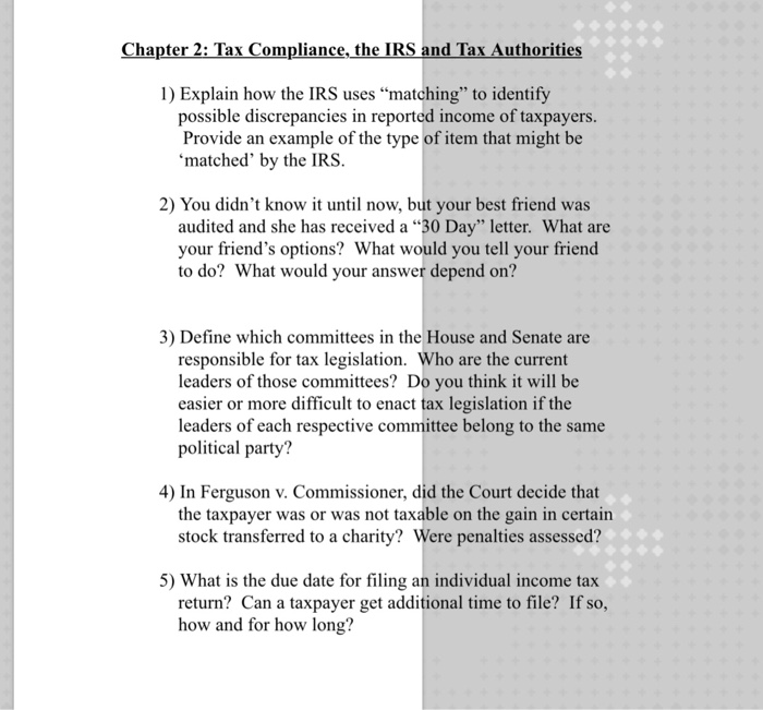 Solved Chapter 2: Tax Compliance, the IRS and Tax | Chegg.com