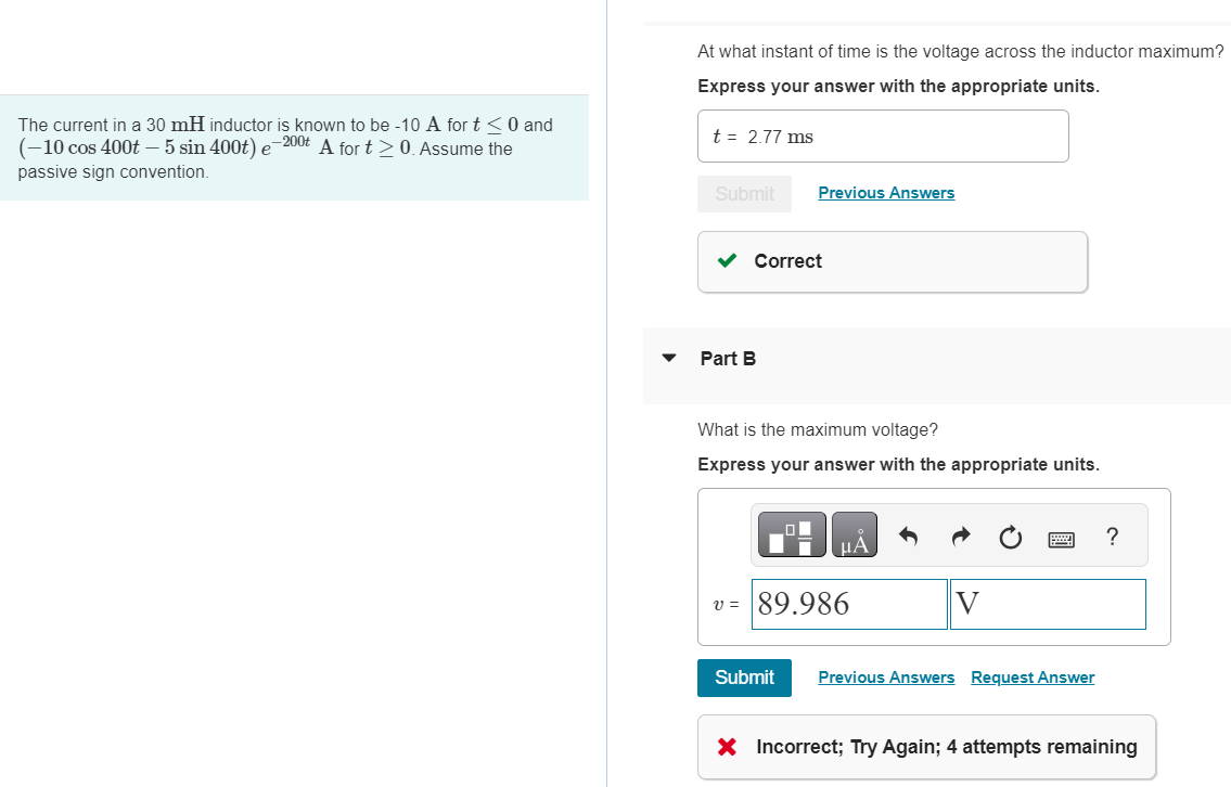 Solved At what instant of time is the voltage across the | Chegg.com