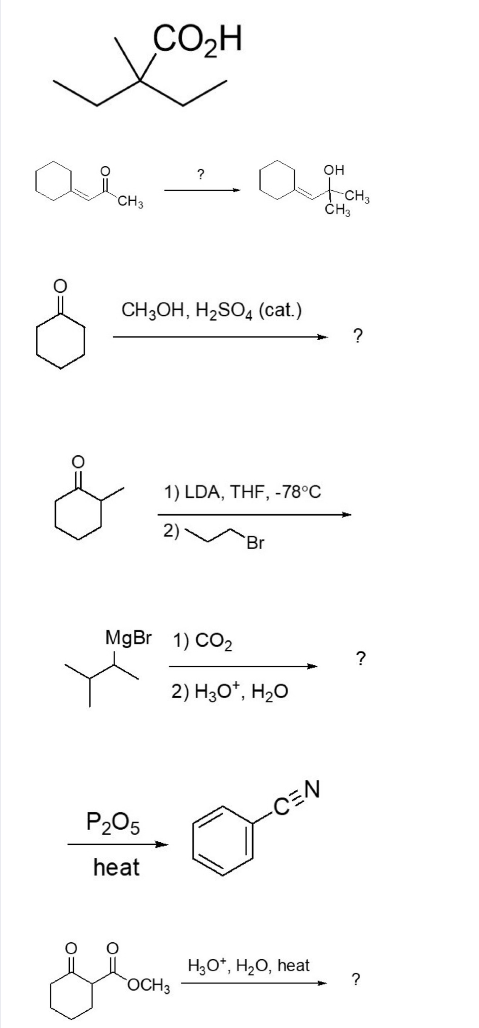 Solved CO2H ? OH i CH3 сн. CH3 CH3OH, H2SO4 (cat.) ? 1) LDA, | Chegg.com