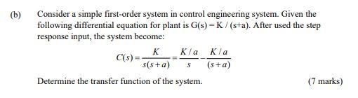 Solved (b) ) Consider a simple first-order system in control | Chegg.com