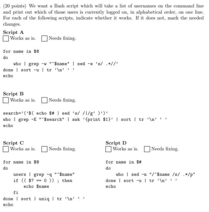 Solved (20 points) We want a Bash script which will take a | Chegg.com