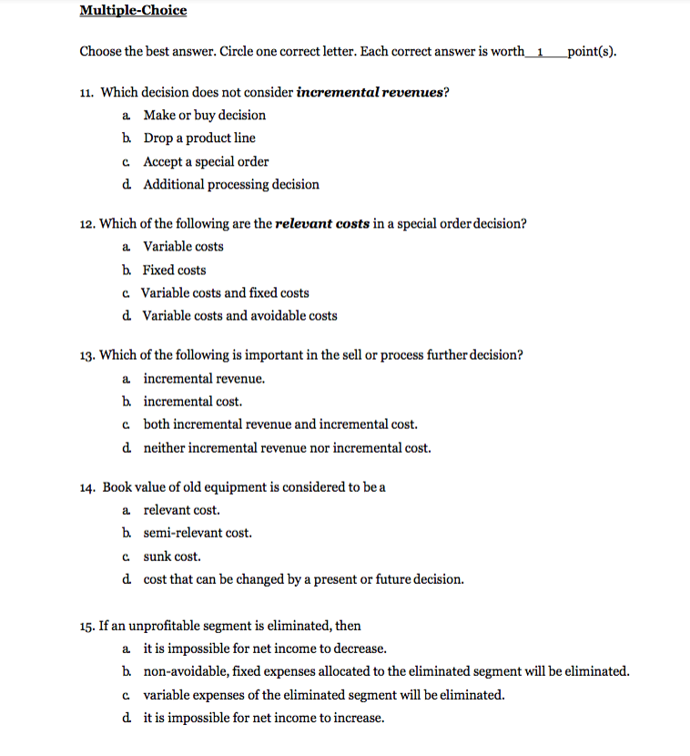 Solved Multiple-Choice Choose the best answer. Circle one | Chegg.com