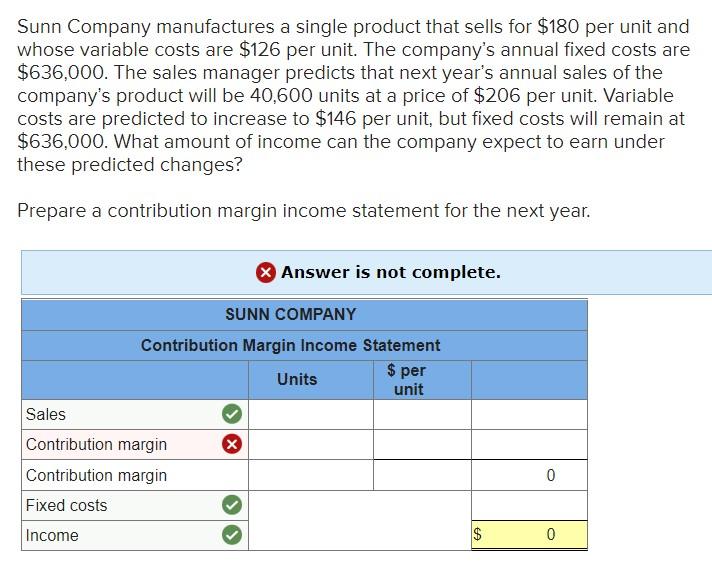 Solved Sunn Company manufactures a single product that sells | Chegg.com