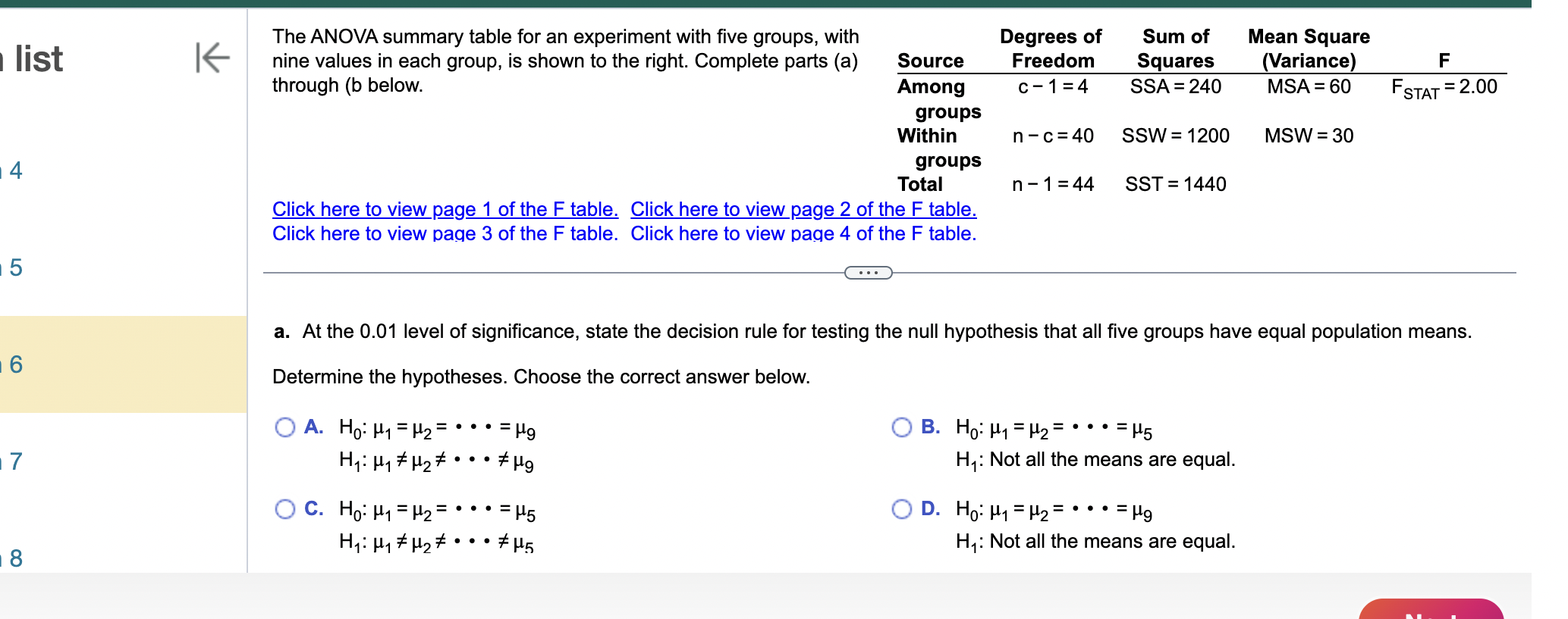Solved The ANOVA summary table for an experiment with five | Chegg.com