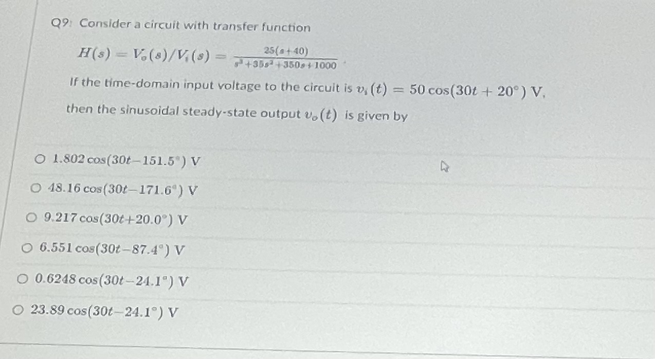 Solved Q8: A circuit has transfer function | Chegg.com