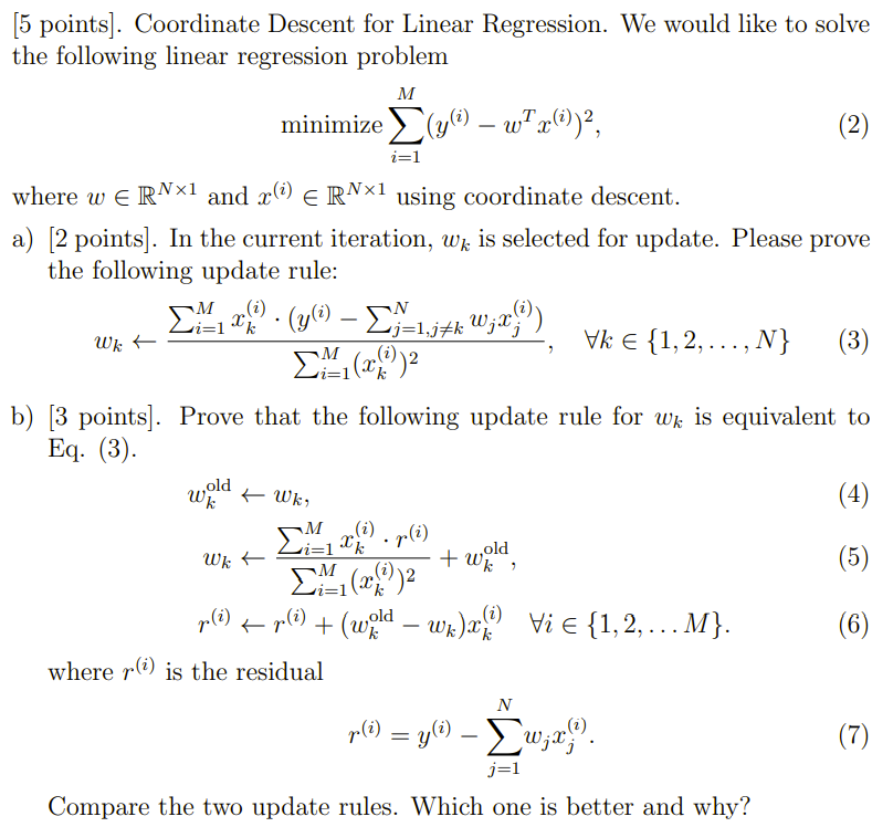 [5 points]. Coordinate Descent for Linear Regression. | Chegg.com