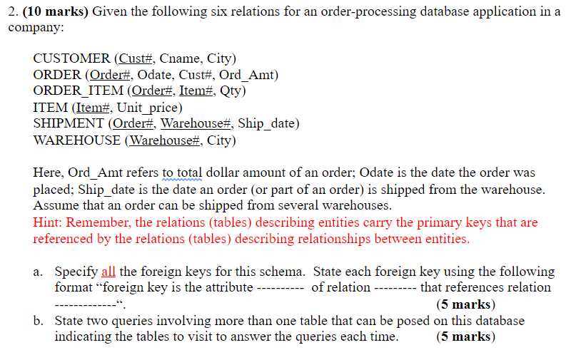 Solved 2. (10 marks) Given the following six relations for | Chegg.com
