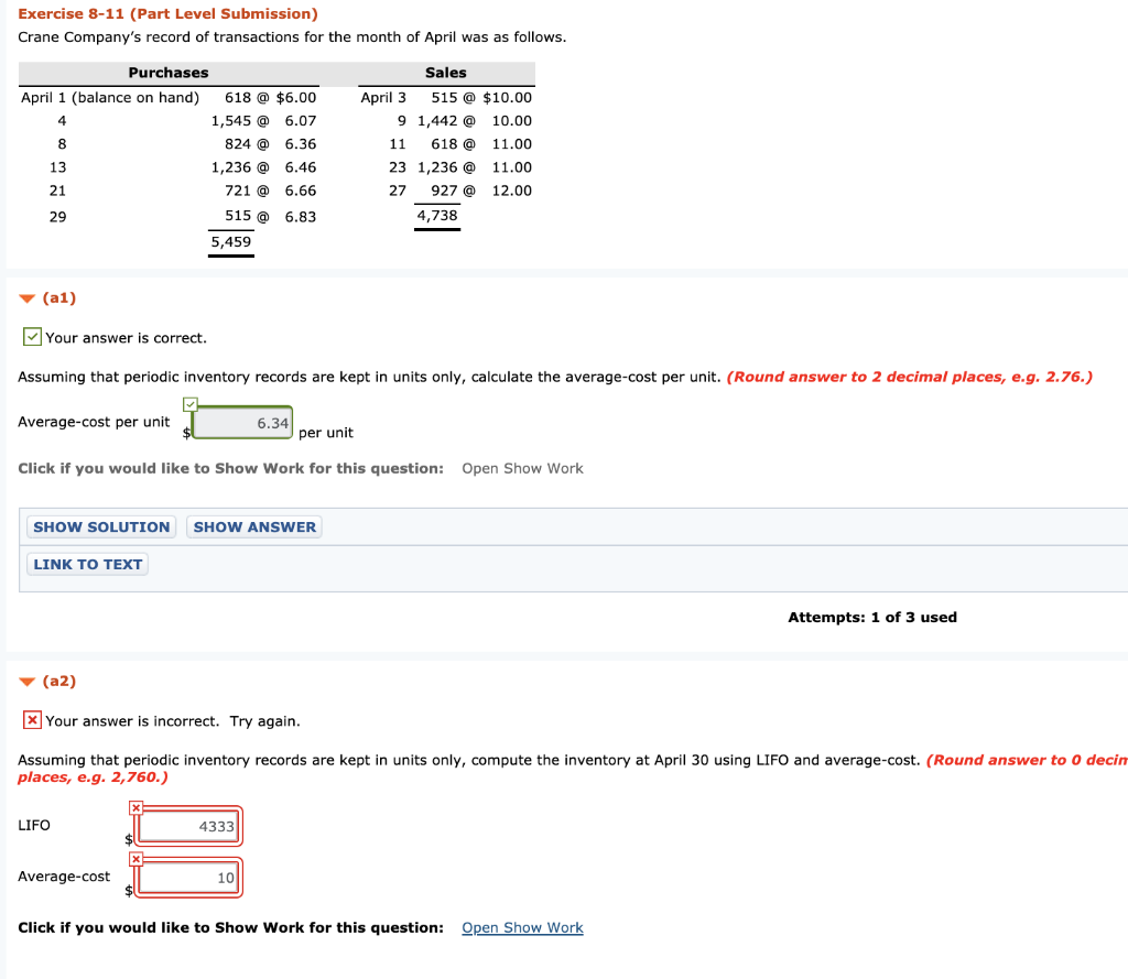 Solved Exercise 8-11 (Part Level Submission) Crane Company's | Chegg.com