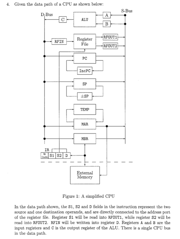 Solved S-Bus 4. Given the data path of a CPU as shown below: | Chegg.com